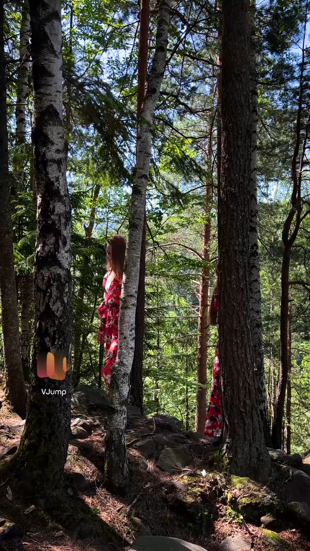 Walking through the forest, go behind one tree—and appear because of ...